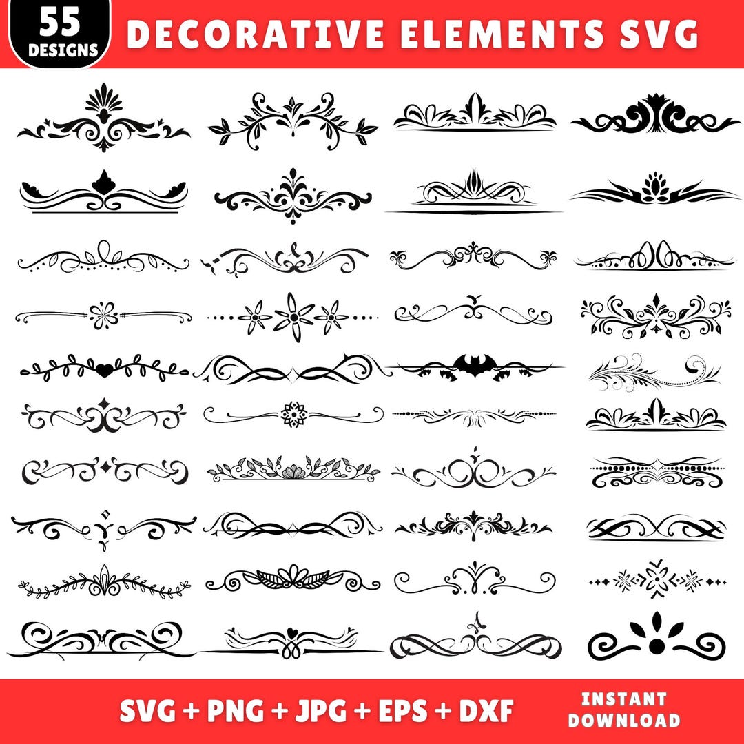 55 Decorative Elements SVG Bundle, Flourishes, Dividers (digital ...