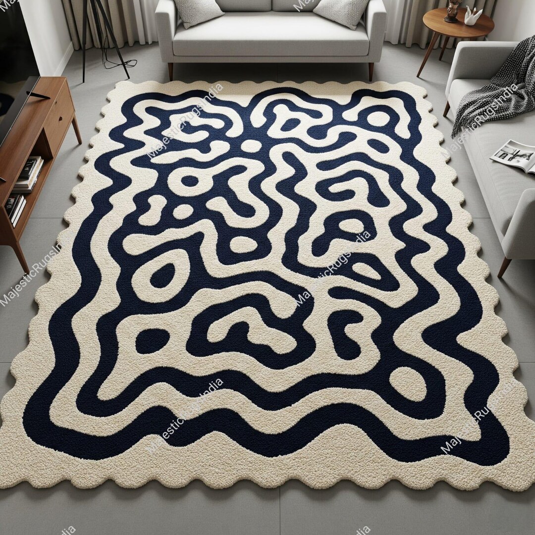 Navy Blue Beige Abstract Hand Tufted Labyrinth Scalloped Rugs for ...