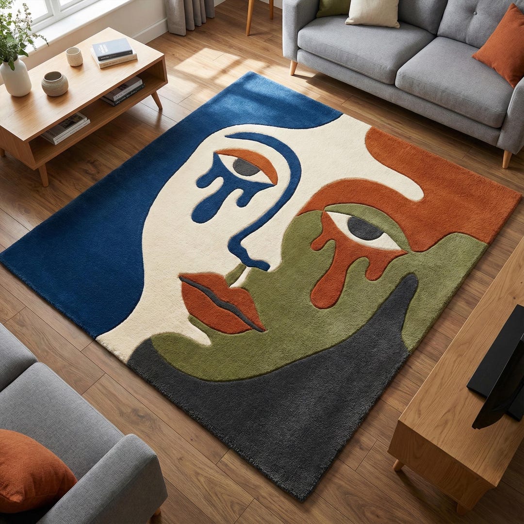 Colorful Abstract Face Wool Rug, Hand Tufted Modern Area Rugs for ...