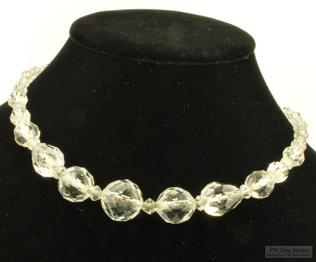 17.5" Graduated Bead Cut Glass-bead Necklace, Brass Diamond-shaped ...