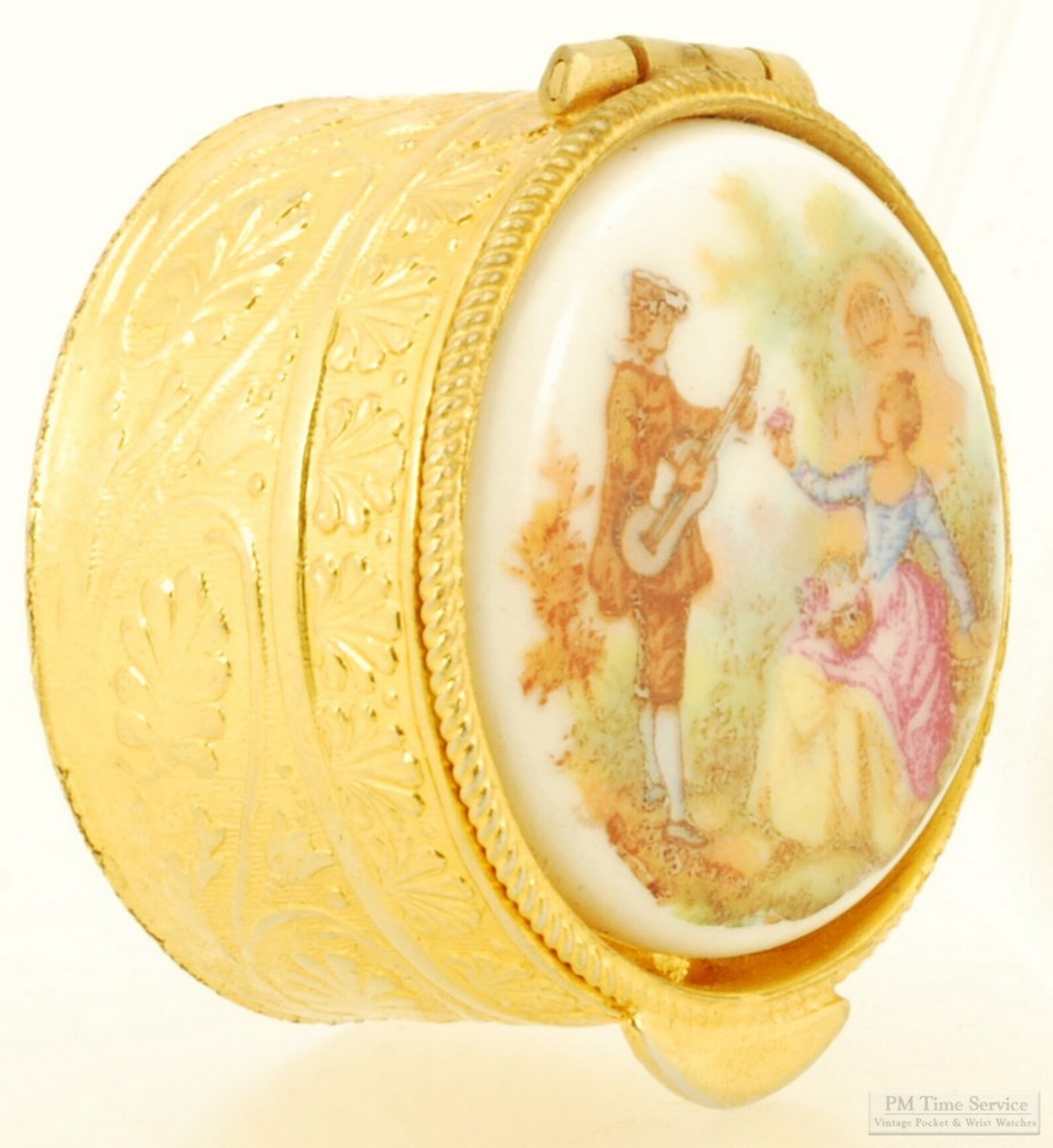 Gold-toned & Porcelain Pill Box, With Image of a Woman Picking Flowers ...
