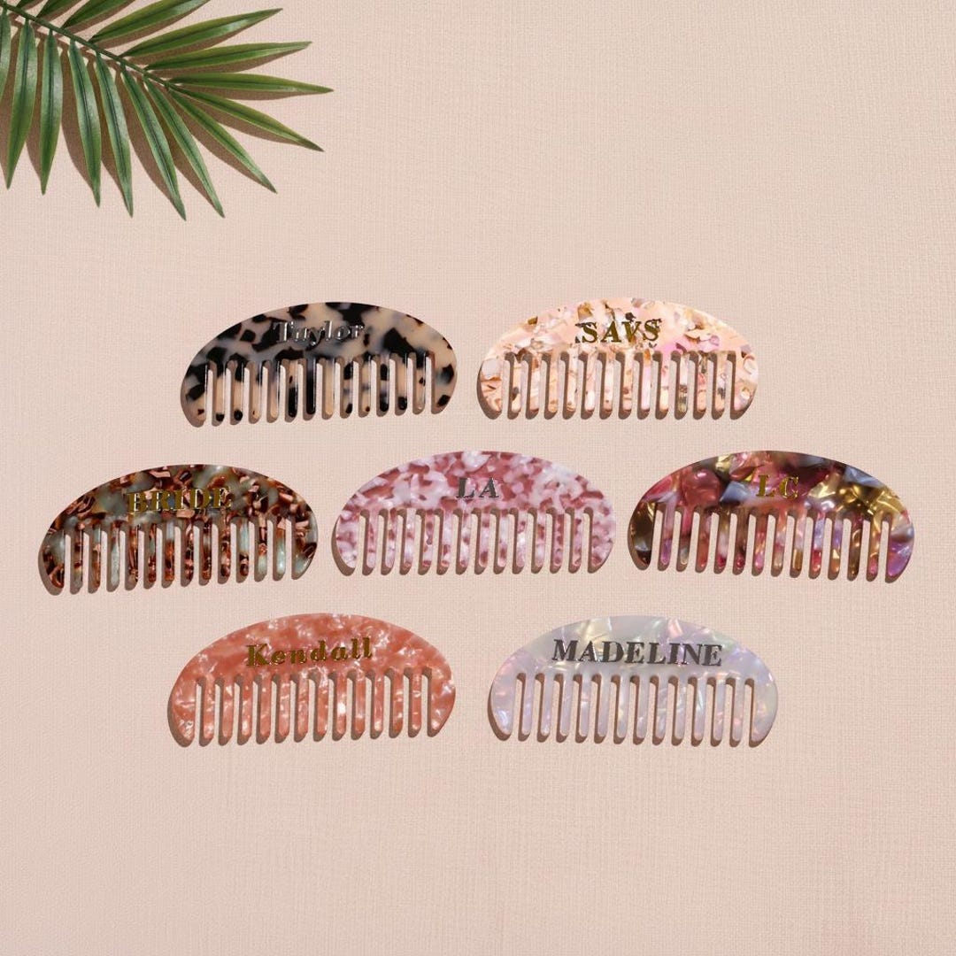 Personalized Name Half Moon Comb, Custom Initials Flower Color Marble ...