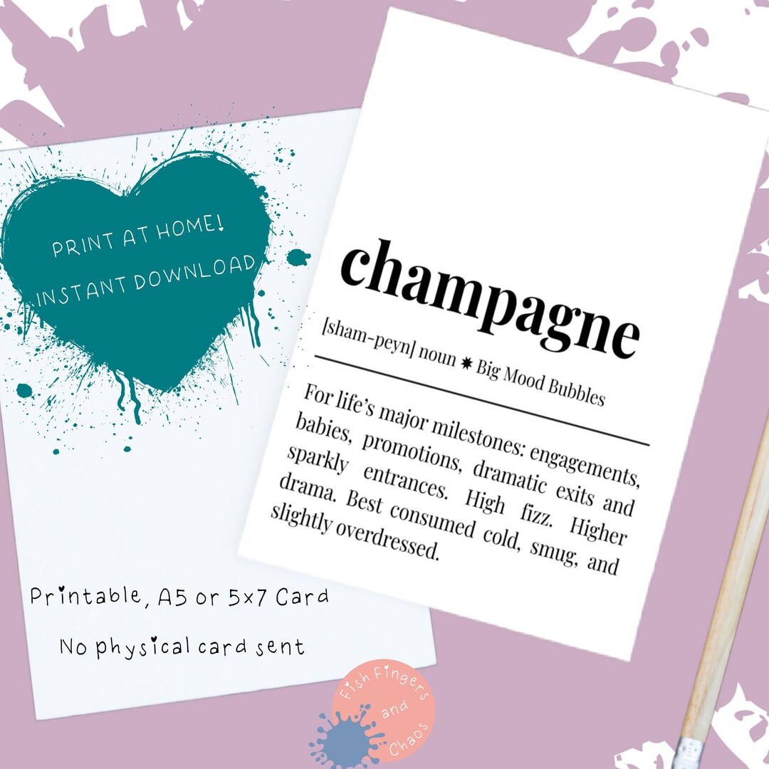 Printable Funny Champagne Card · Instant Download A4 Fold to A5 / 5x7 ...