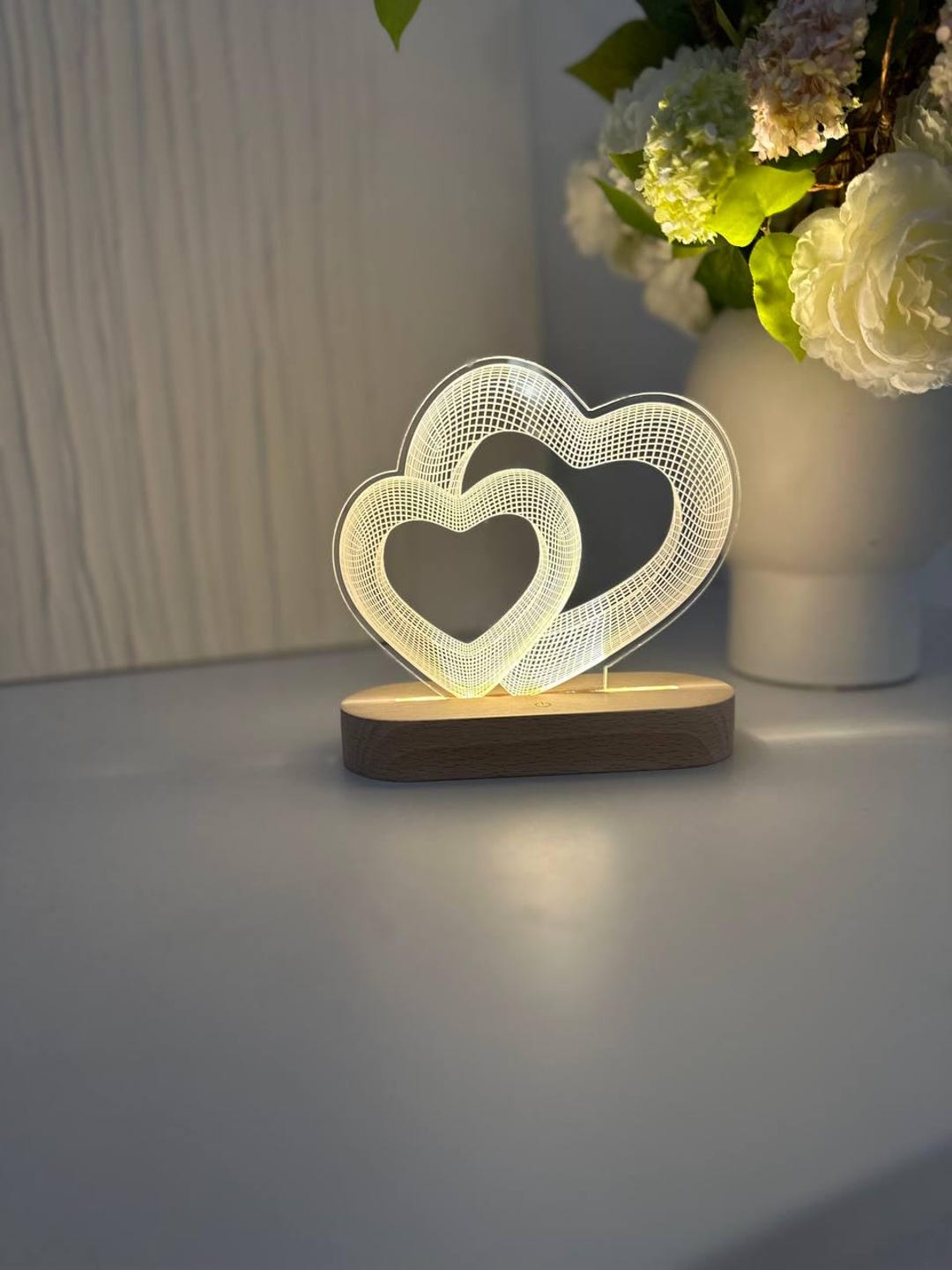 Double Heart Night Light, Acrylic LED Lamp With Wooden Base, Symbol of ...