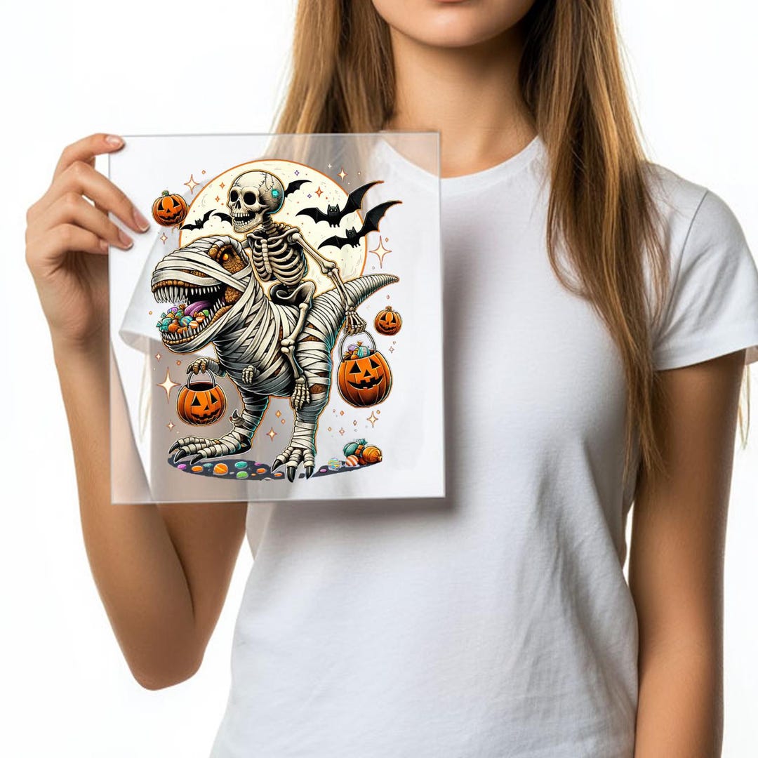 Skeleton Riding T-rex DTF Transfer: Spooky Halloween Design - Etsy