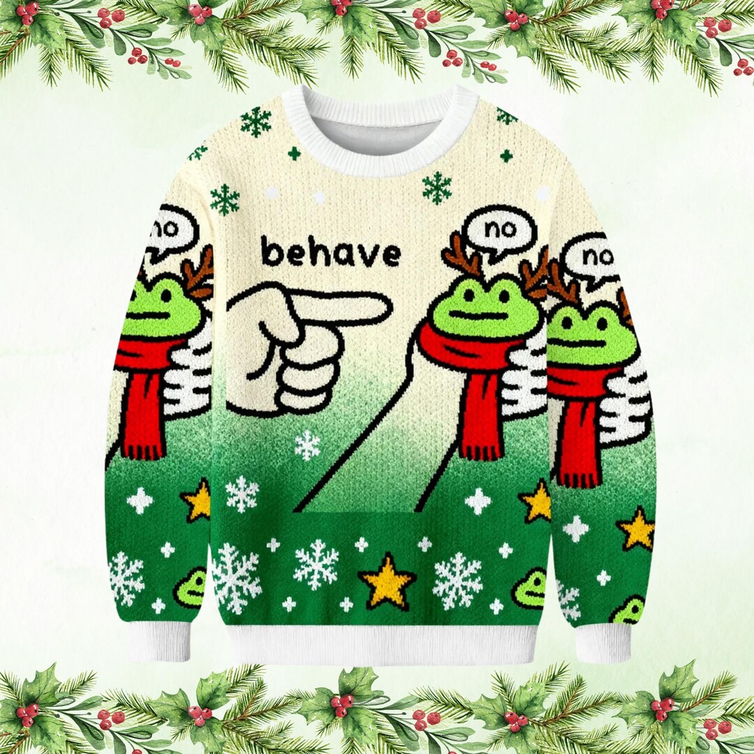 Funny Ugly Sweater, Behave Frog Sweatshirt, Cute Frog Pullover, Holiday ...