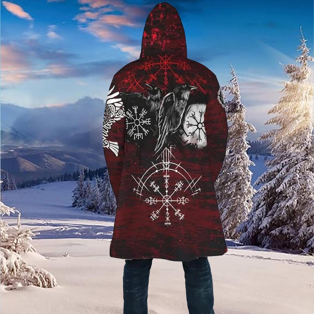 Raven Symbol Cloak Red Nordic Rune Design, Warm Hooded Winter Cape ...