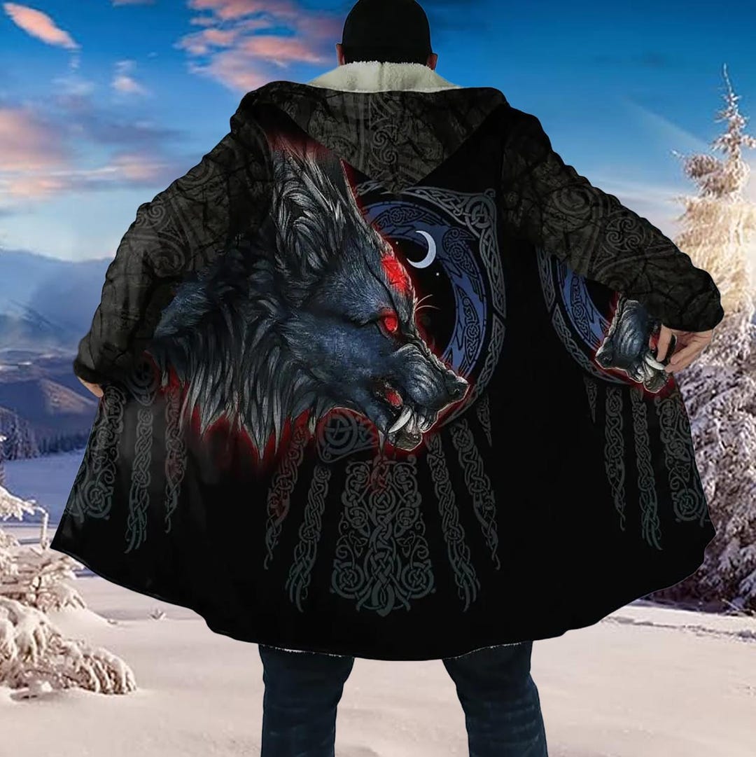 Wolf Emblem Cloak Sherpa-lined Dark Wolf Art Red Eye Design Celtic ...