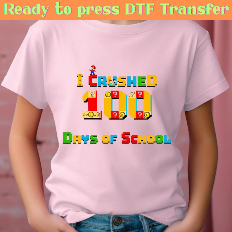 Mario Pixel 100 Days School DTF, Retro Video Game Iron On, Gamer Heat ...