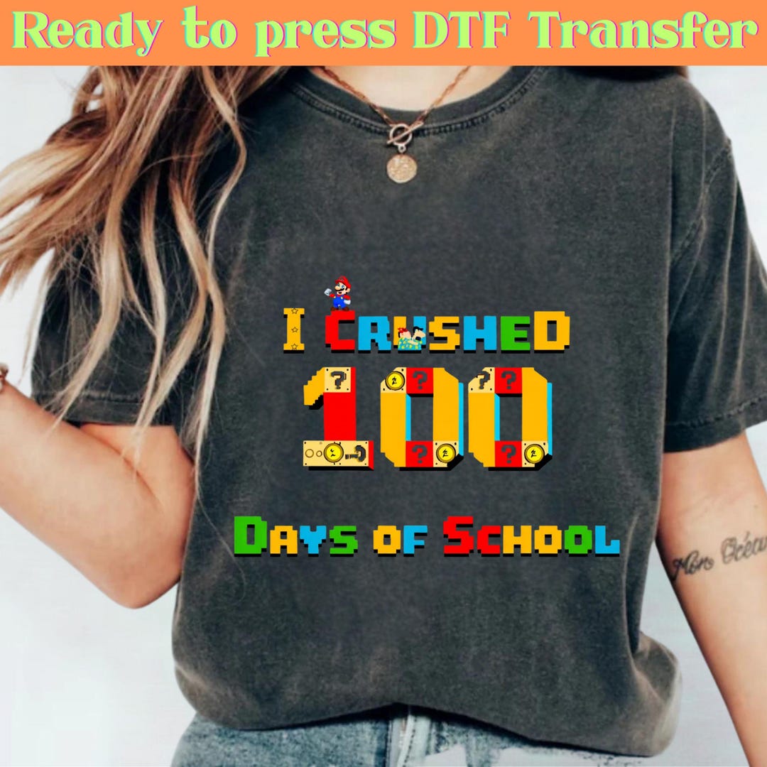 Mario Pixel 100 Days School DTF, Retro Video Game Iron On, Gamer Heat ...