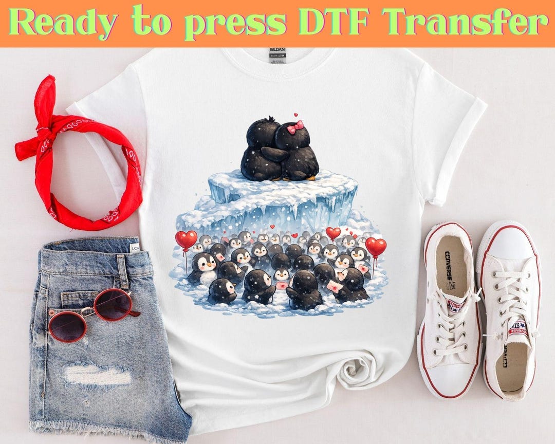 Penguin Love DTF Transfer, Iceberg Party Heat Press, Heart Balloon ...
