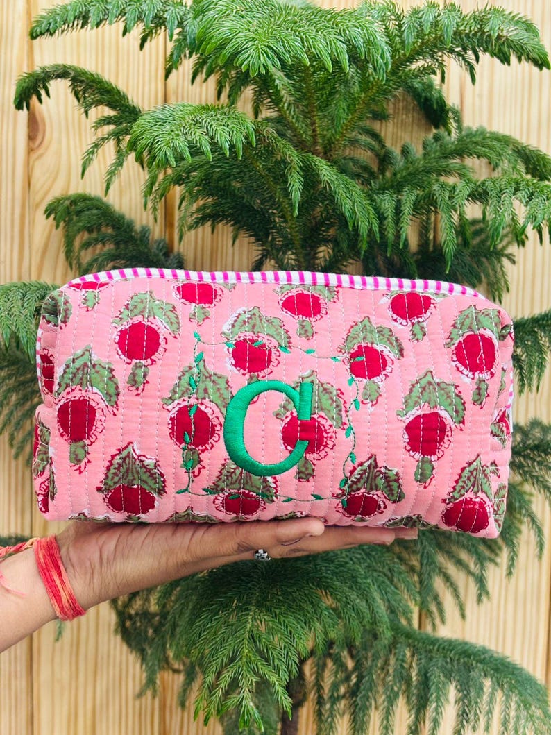 Hand Block Print Quilted Makeup Pouch, Cotton Cosmetic Bag, Large ...
