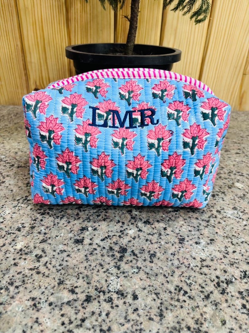 Hand Block Print Quilted Makeup Pouch, Cotton Cosmetic Bag, Large ...