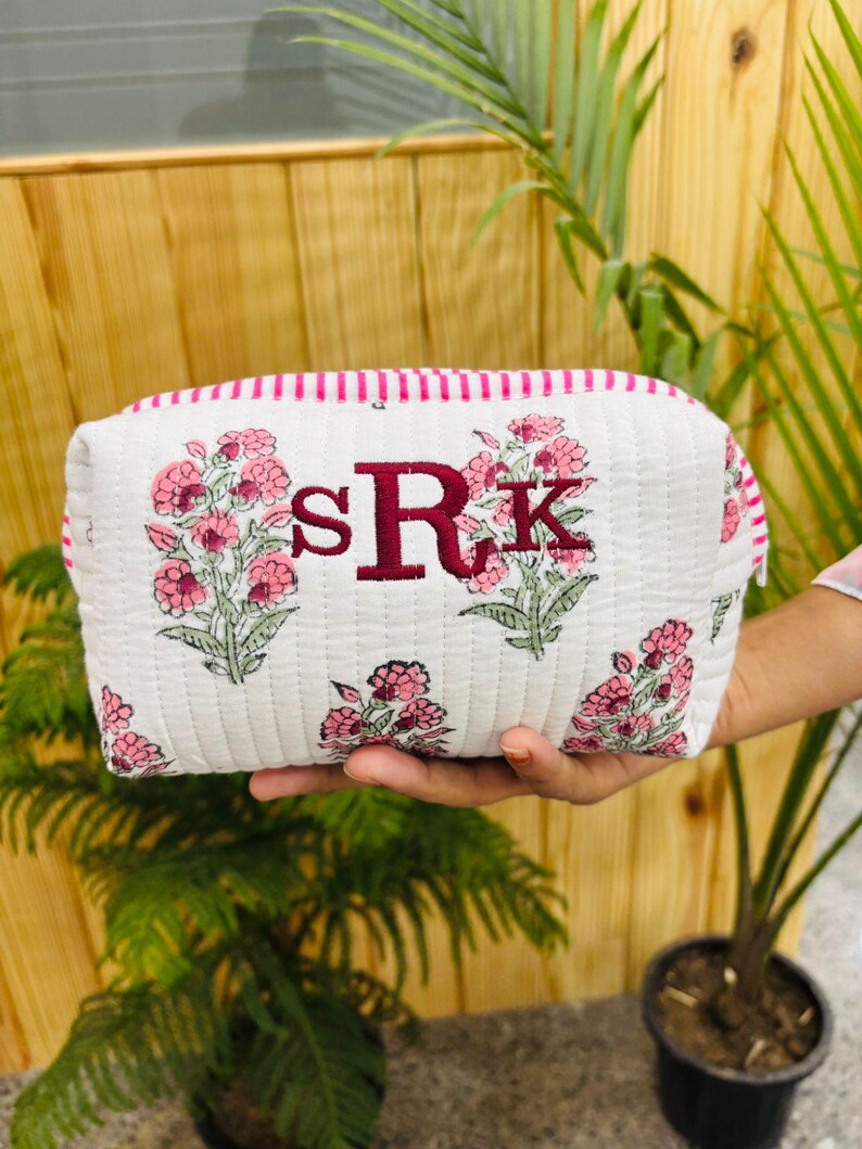 Hand Block Print Quilted Makeup Pouch, Cotton Cosmetic Bag, Large ...