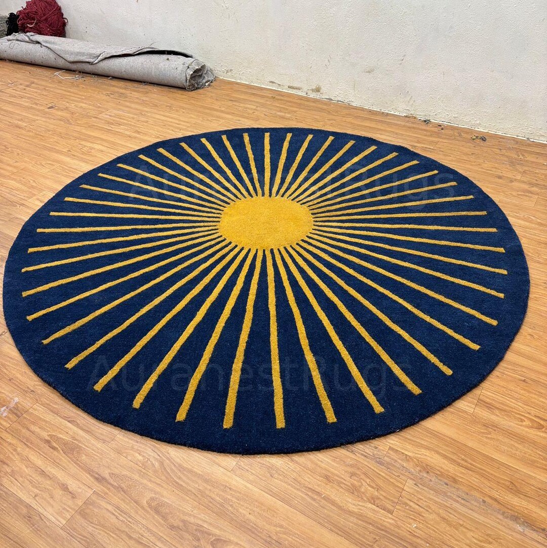 Hand-tufted Wool Sunburst Rug: Navy Blue & Gold Modern Carpet - Etsy