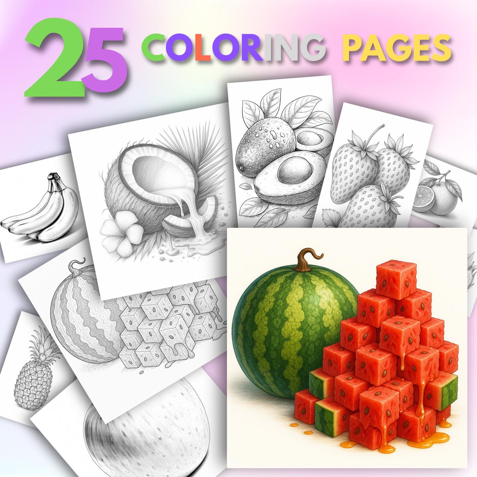 25 Fruit Coloring Pages Bundle – Printable Fruit Outlines for Kids ...