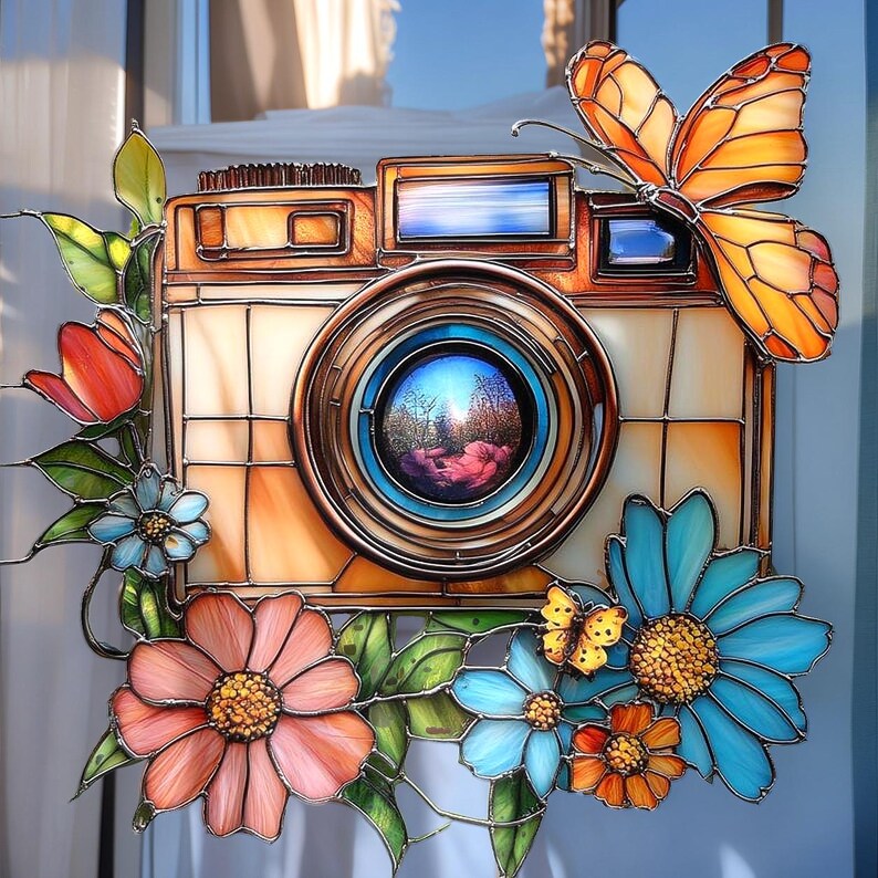 Camera ACRYLIC Faux Stained Glass Suncatcher, Floral Window Hanging ...