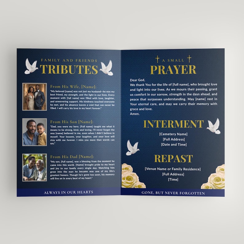 Navy Blue & Gold Funeral Program Template: 8-page Memorial, Celebration ...