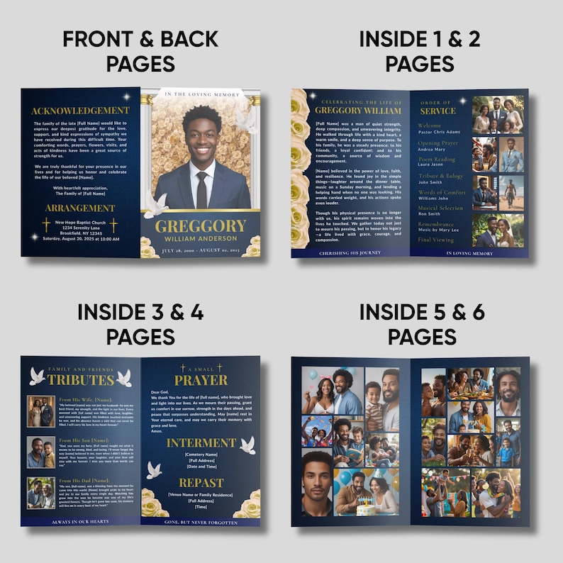 Navy Blue & Gold Funeral Program Template: 8-page Memorial, Celebration ...