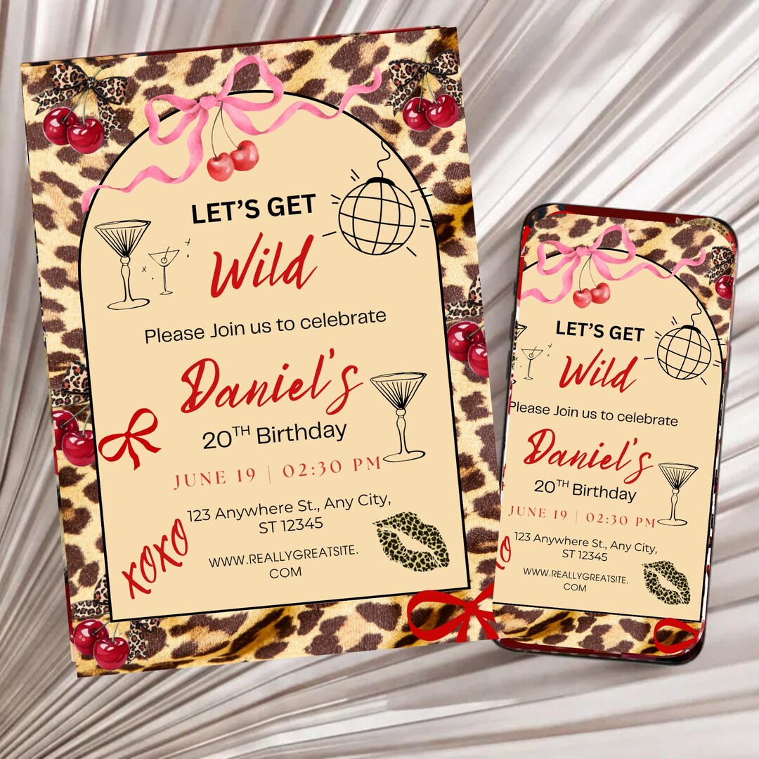 Cheetah Cherries Birthday Invitation, Neon Leopard Print (digital ...