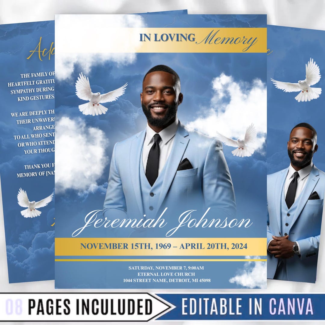8 Pages Blue and Gold Funeral Program Template - Elegant Memorial ...
