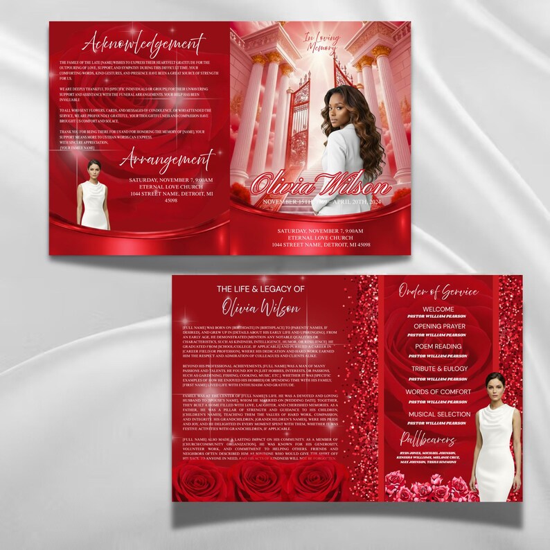 8 Page Red Funeral Program Template | Bi-fold Obituary Celebration of ...