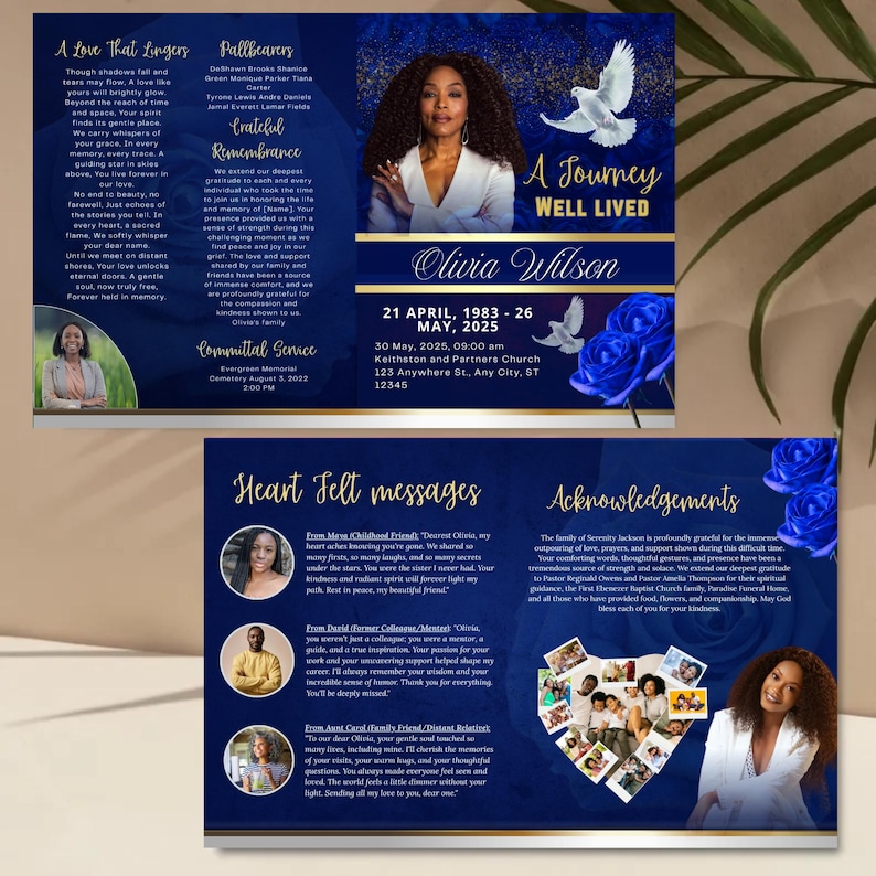 Royal Blue Funeral Program Template: 8-page Memorial Booklet (digital ...