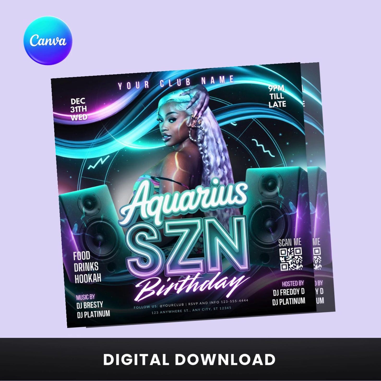 Aquarius Birthday Flyer Canva Template | Aquarius SZN Party Flyer ...
