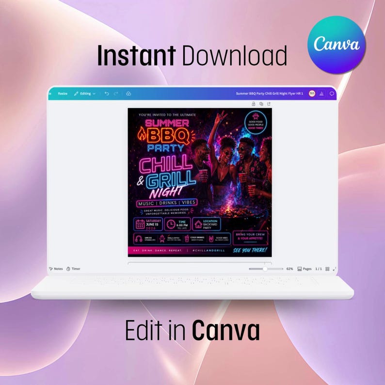 Summer BBQ Party Flyer Template, Neon Grill Night Invitation (digital ...