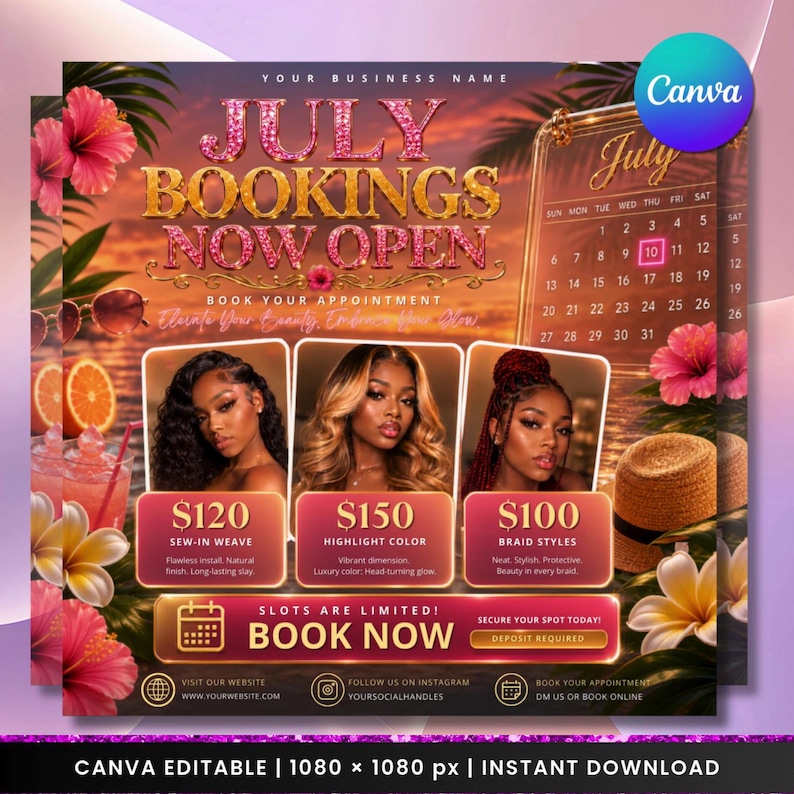 July Booking Flyer, Summer Beauty Business Template, Hair, Nails, Lash ...