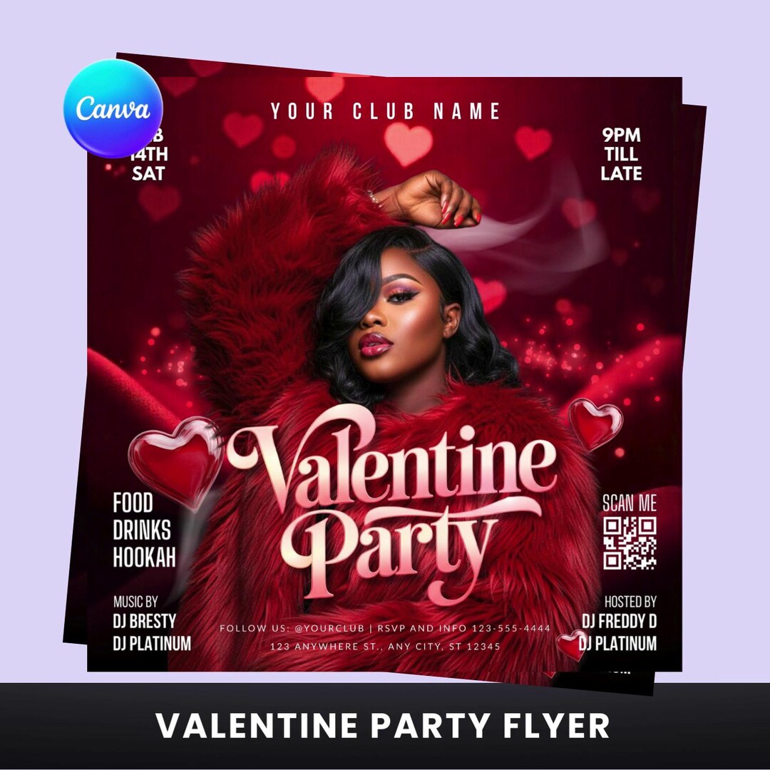 Valentine's Day Party Flyer Template, Nightclub Event, Editable Canva ...