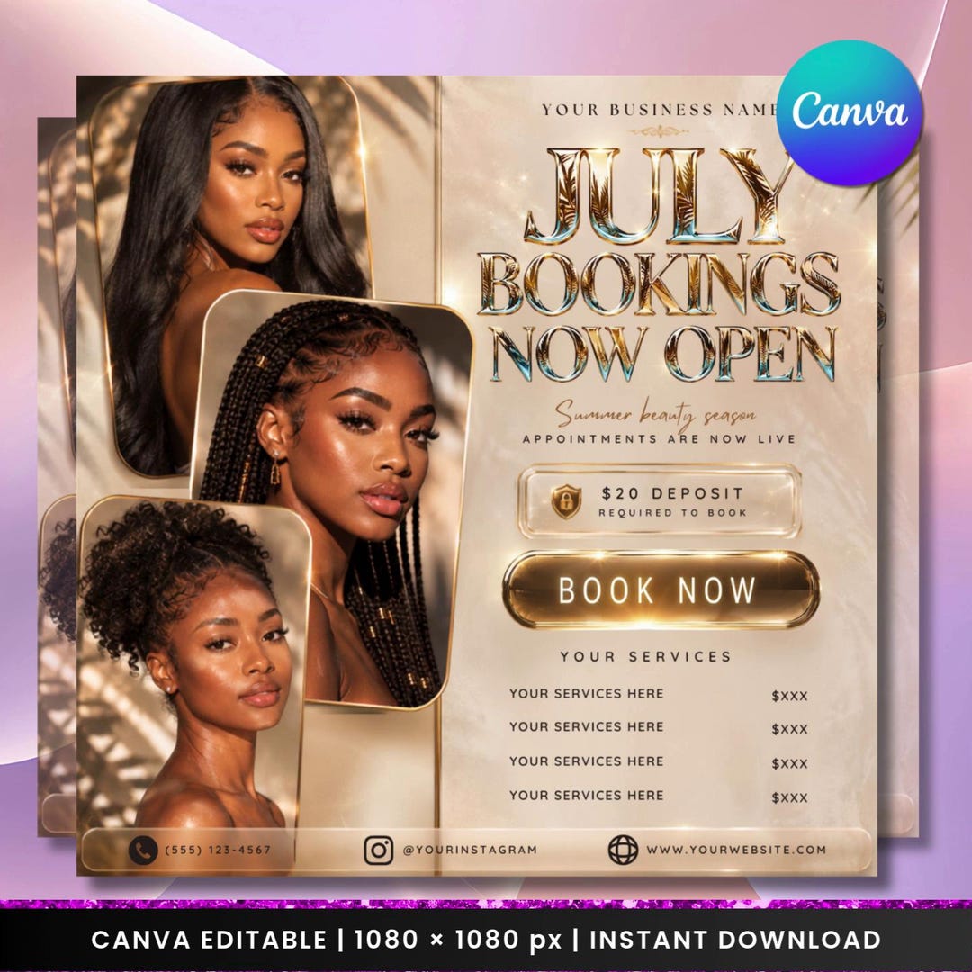 July Booking Flyer, Luxury Beauty Appointments, Editable Canva Template ...