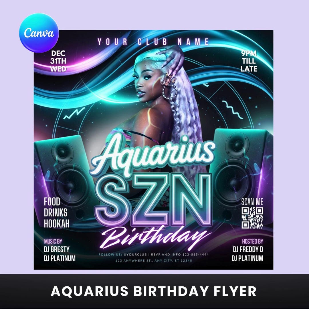 Aquarius Birthday Flyer Canva Template | Aquarius SZN Party Flyer ...