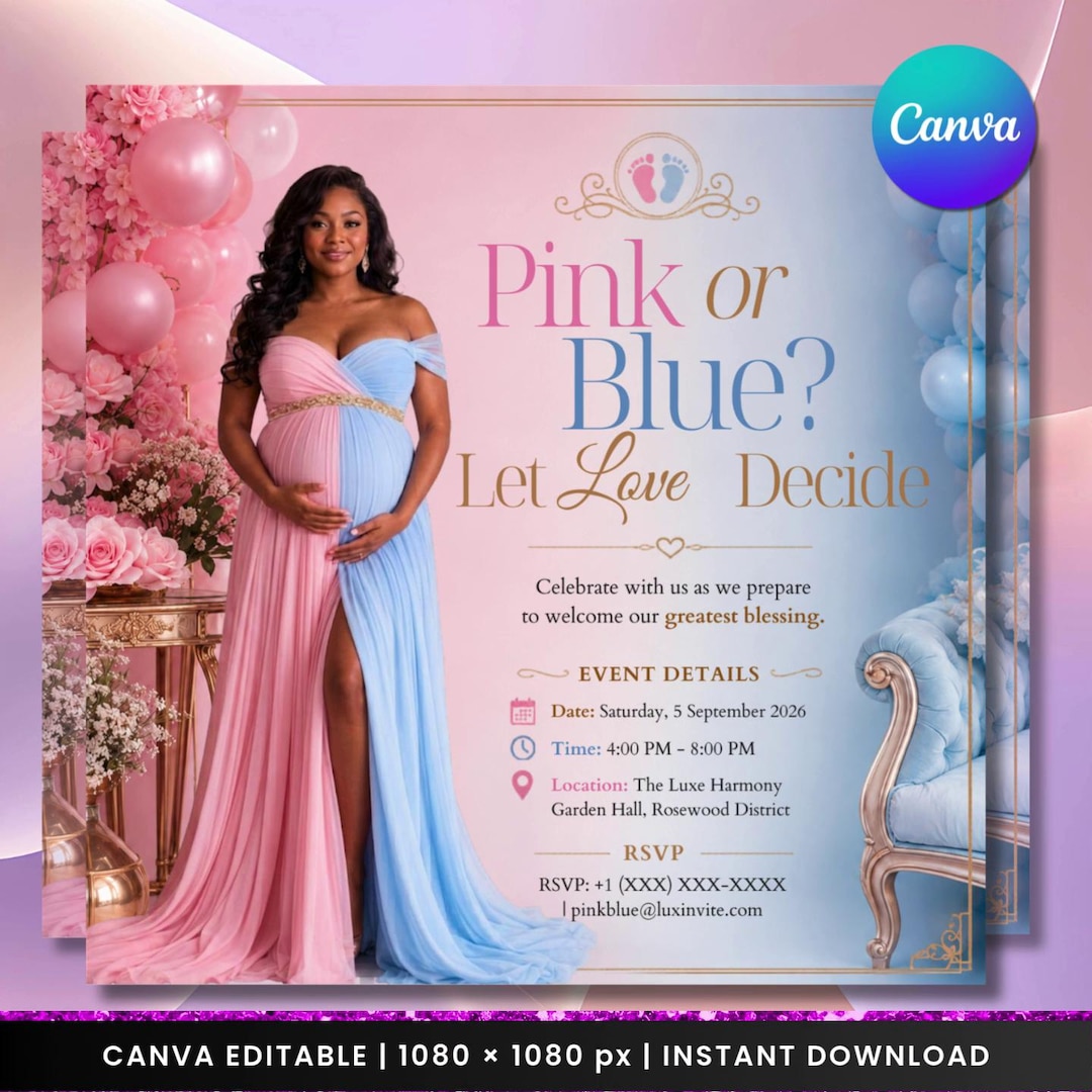 Pink or Blue Gender Reveal Invitation | Baby Shower Canva Template ...