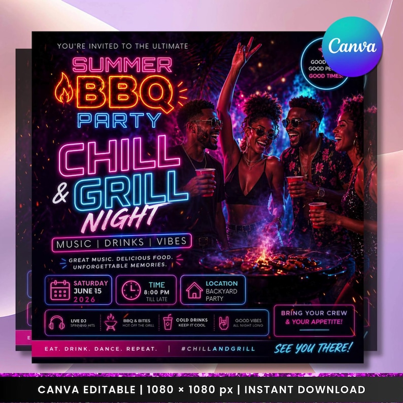 Summer BBQ Party Flyer Template, Neon Grill Night Invitation (digital ...
