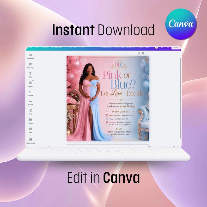 Pink or Blue Gender Reveal Invitation | Baby Shower Canva Template ...