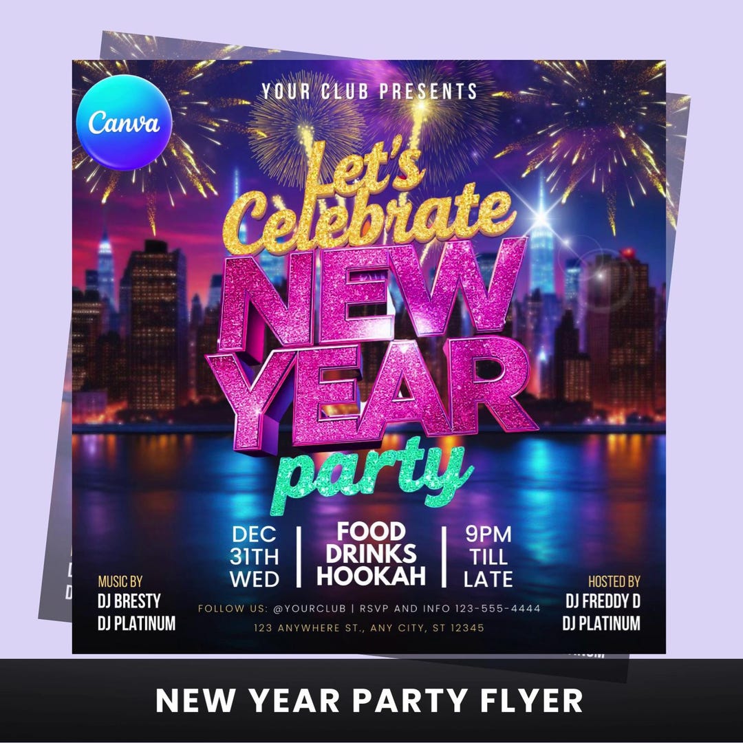 Pop the Bubbly! High-energy New Year Party Flyer Canva Template ...