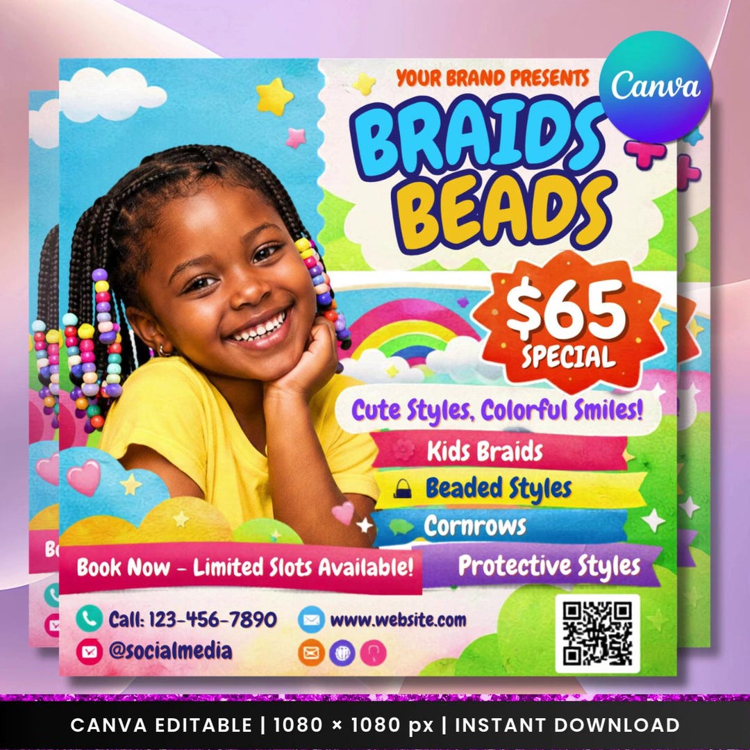 Kids Braids and Beads Flyer Canva Template | Hair Stylist Booking | DIY ...