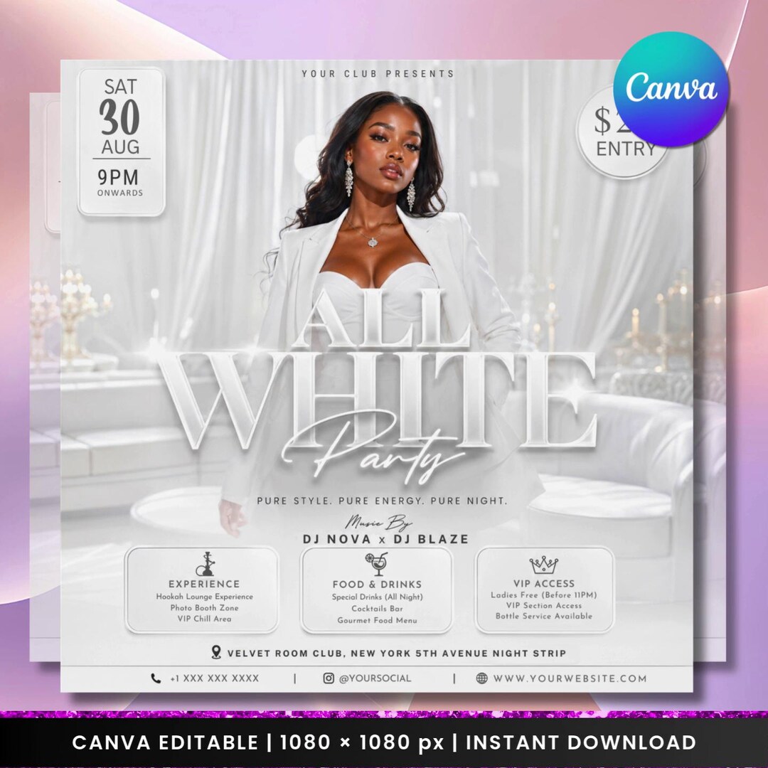 All White Party Invitation, Elegant Nightclub Flyer, New York DJ Event ...