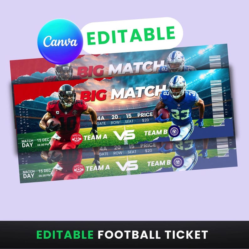 Football Ticket Template – Editable Canva Sports | Big Match Event ...