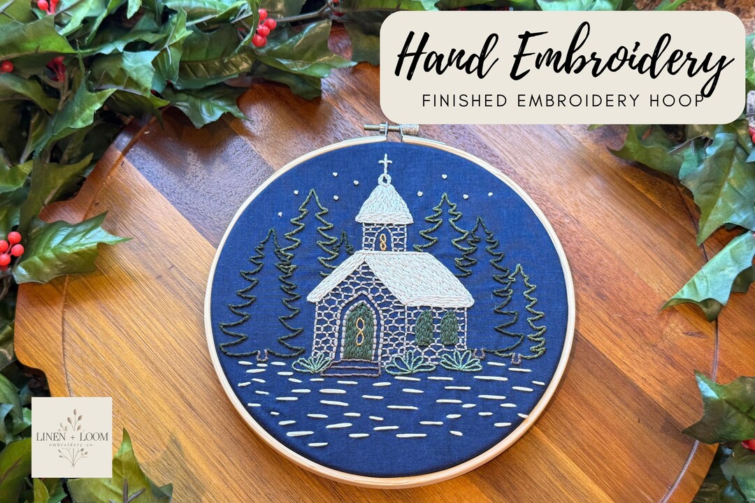 Hand-stitched Christmas Church Scene Embroidery | Finished Hoop Art ...