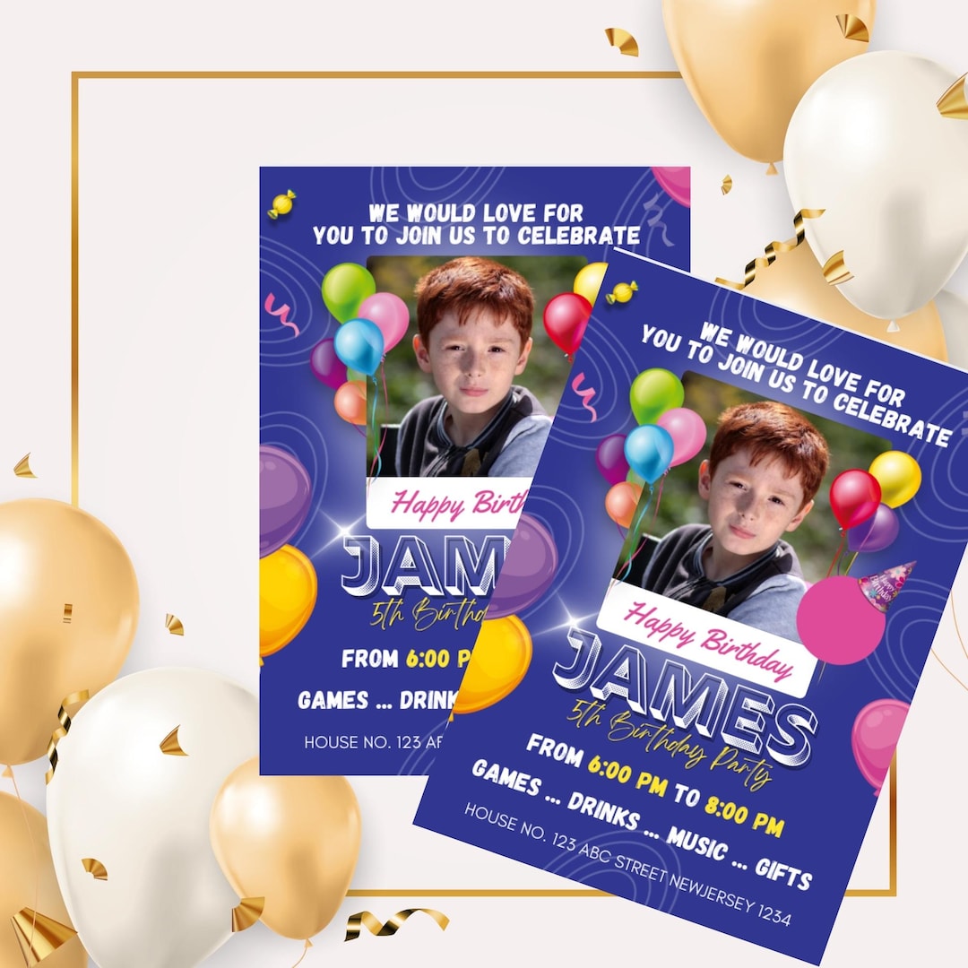 Blue Kids Birthday Invitation Template: DIY Editable Party Card (5x7 ...