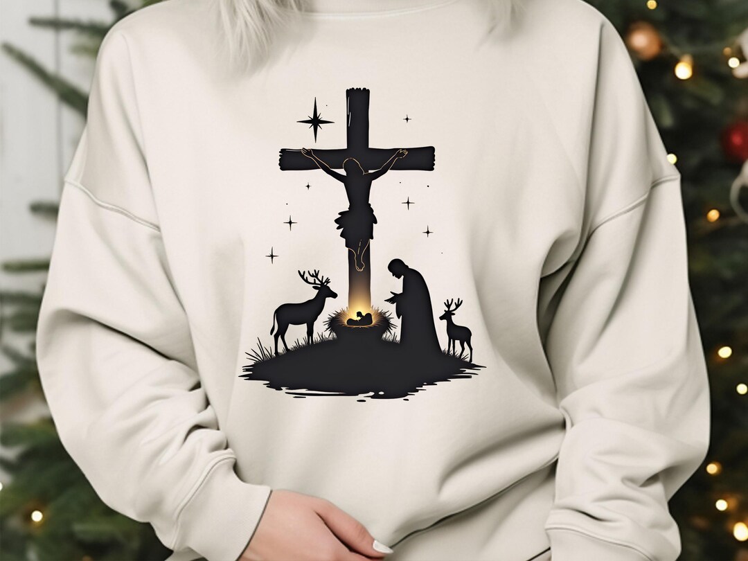 Reverent Christian Cross With Manger Scene and Deer at Night T-shirt ...