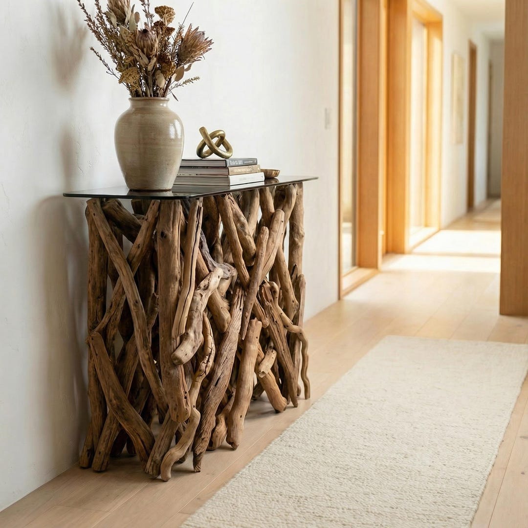 Driftwood Console Table With Glass Top | Narrow Entryway Wooden Console ...