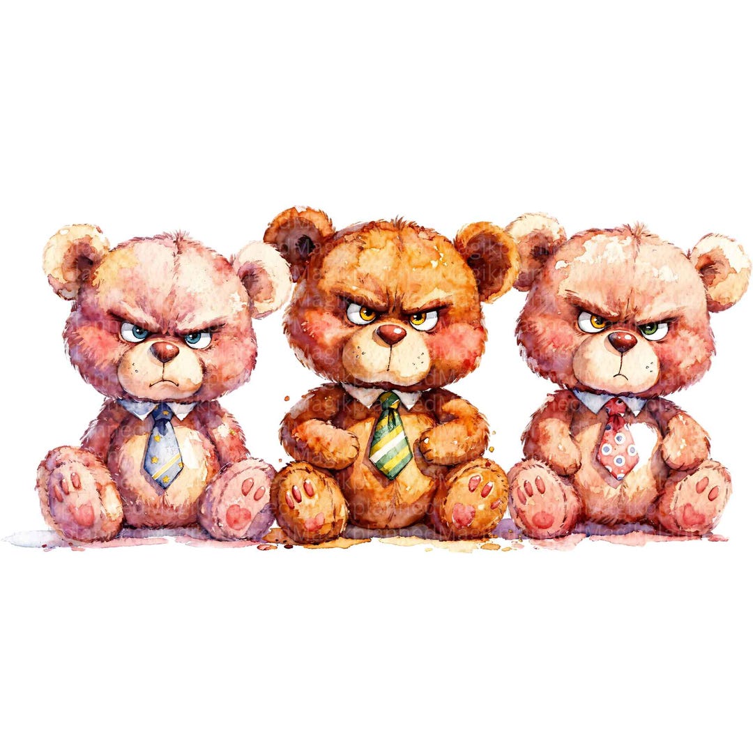 Angry Teddy Bear Watercolor Clipart, Grumpy Teddy Trio, 19 PNG, Digital ...