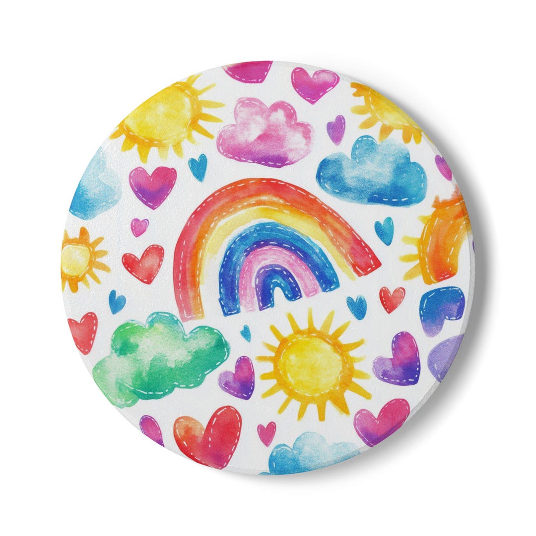 Rainbow and Sunshine Coaster, Colourful Watercolour Heart Art, Round or ...