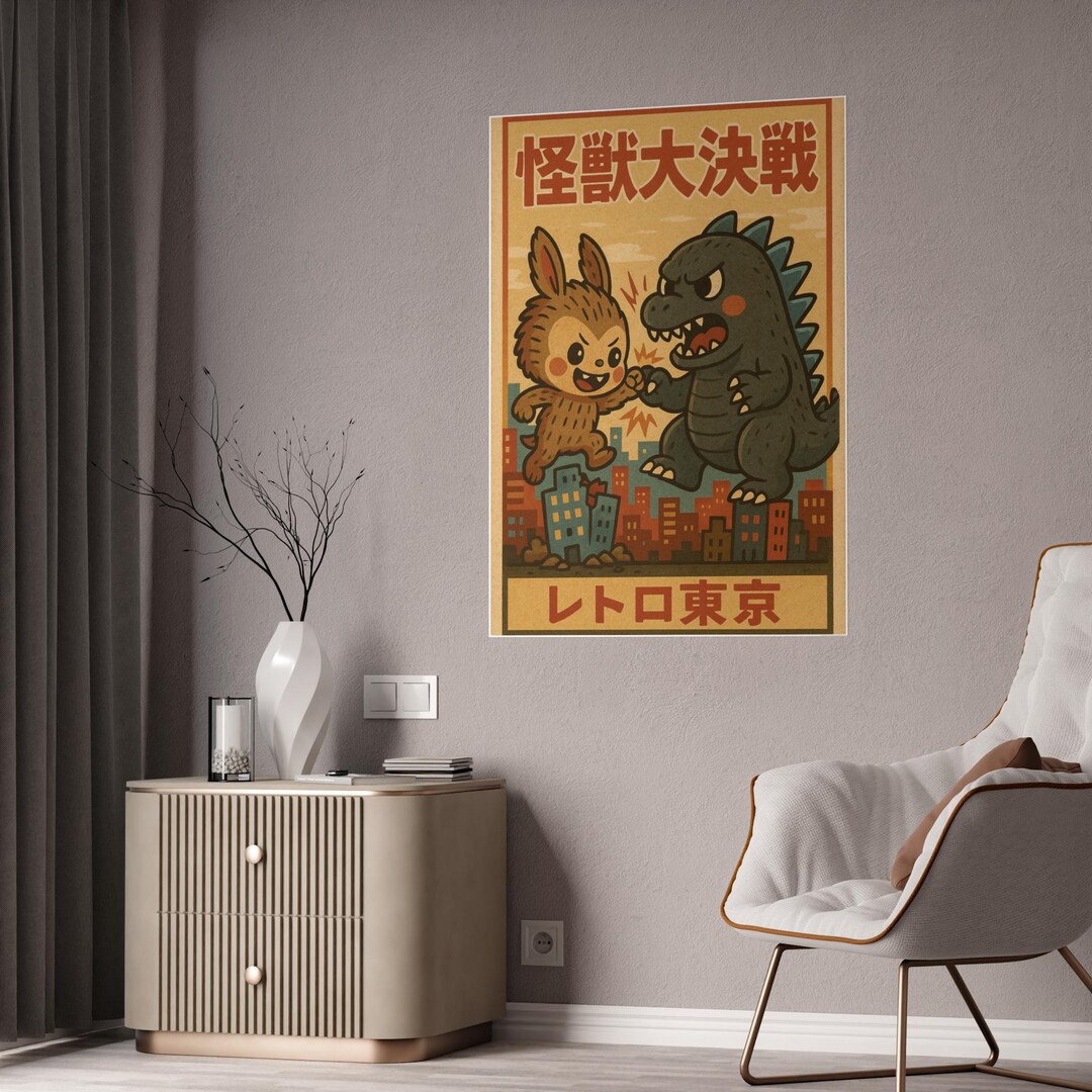 Retro Labubu Vs Godzilla Kaiju Poster - Vintage Japanese Monster Wall ...