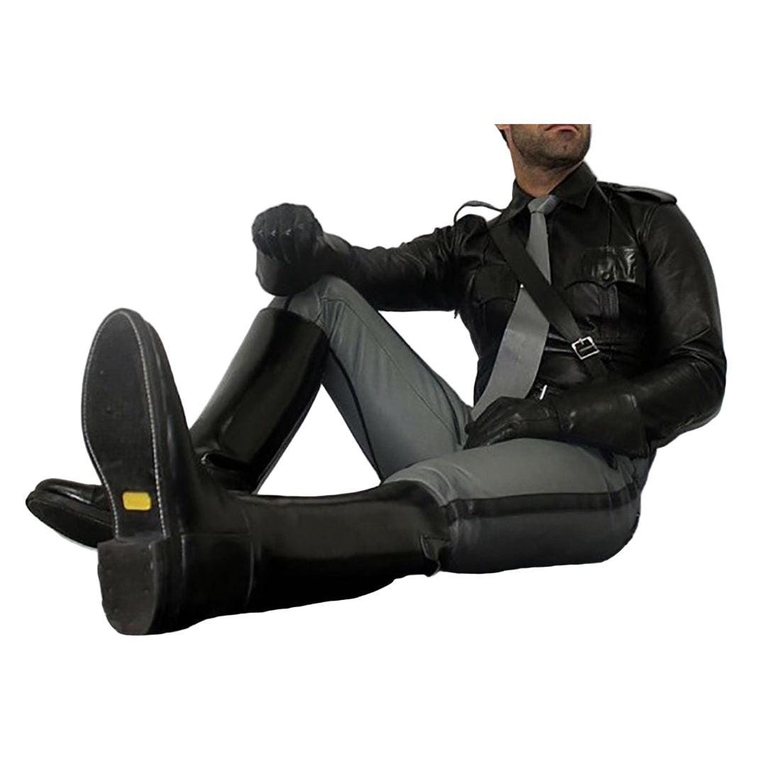 Men’s Real Leather Police Outfit – Grey & Black Leather Shirt and Pants ...