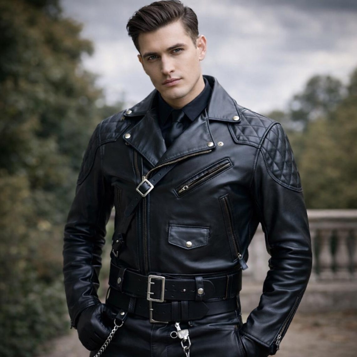 Men’s Brando Leather Biker Jacket With Quilted Panels & Side Laces - Etsy
