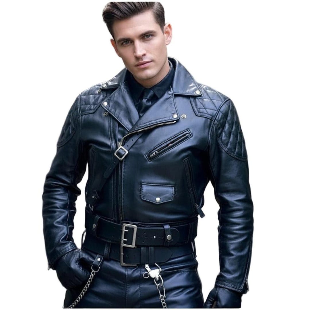 Men’s Brando Leather Biker Jacket With Quilted Panels & Side Laces - Etsy